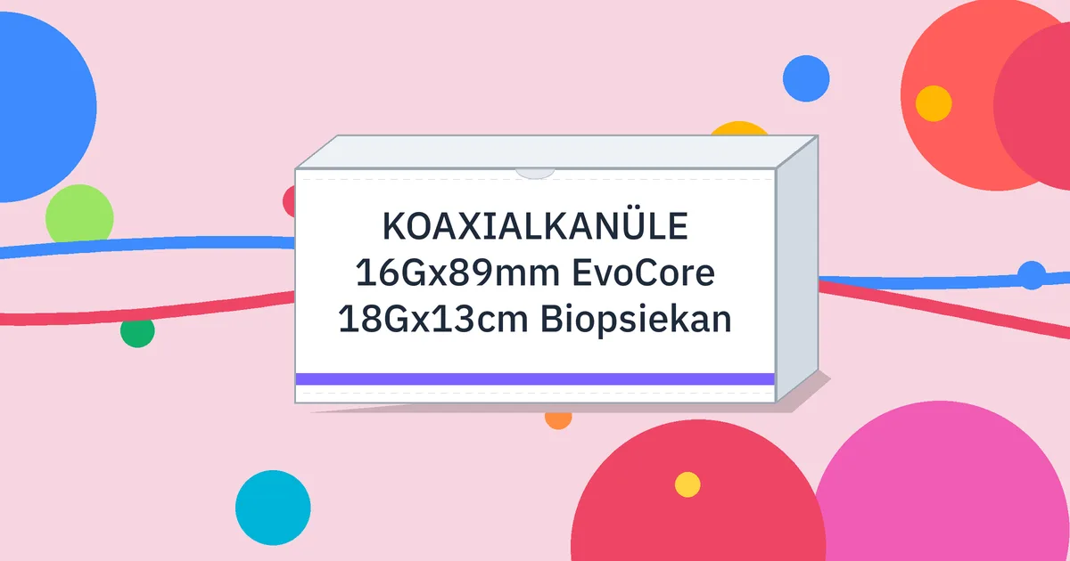 Symbolbild: Packung mit der Aufschrift KOAXIALKANÜLE 16Gx89mm EvoCore 18Gx13cm Biopsiekan (PZN 11059367) – Verfügbarkeit und Bezug in Apotheken in Frankfurt am Main