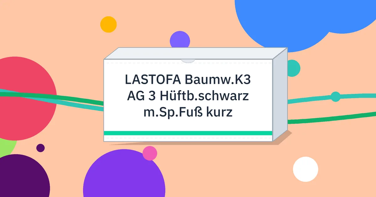 Symbolbild: Packung mit der Aufschrift LASTOFA Baumw.K3 AG 3 Hüftb.schwarz m.Sp.Fuß kurz (PZN 01956663) – Verfügbarkeit und Bezug in Apotheken in Frankfurt am Main