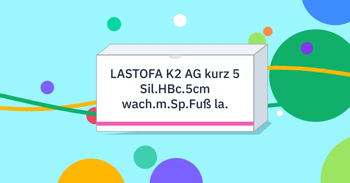Symbolbild: Packung mit der Aufschrift LASTOFA K2 AG kurz 5 Sil.HBc.5cm wach.m.Sp.Fuß la. (PZN 13806578) – Verfügbarkeit und Bezug in Apotheken in Frankfurt am Main