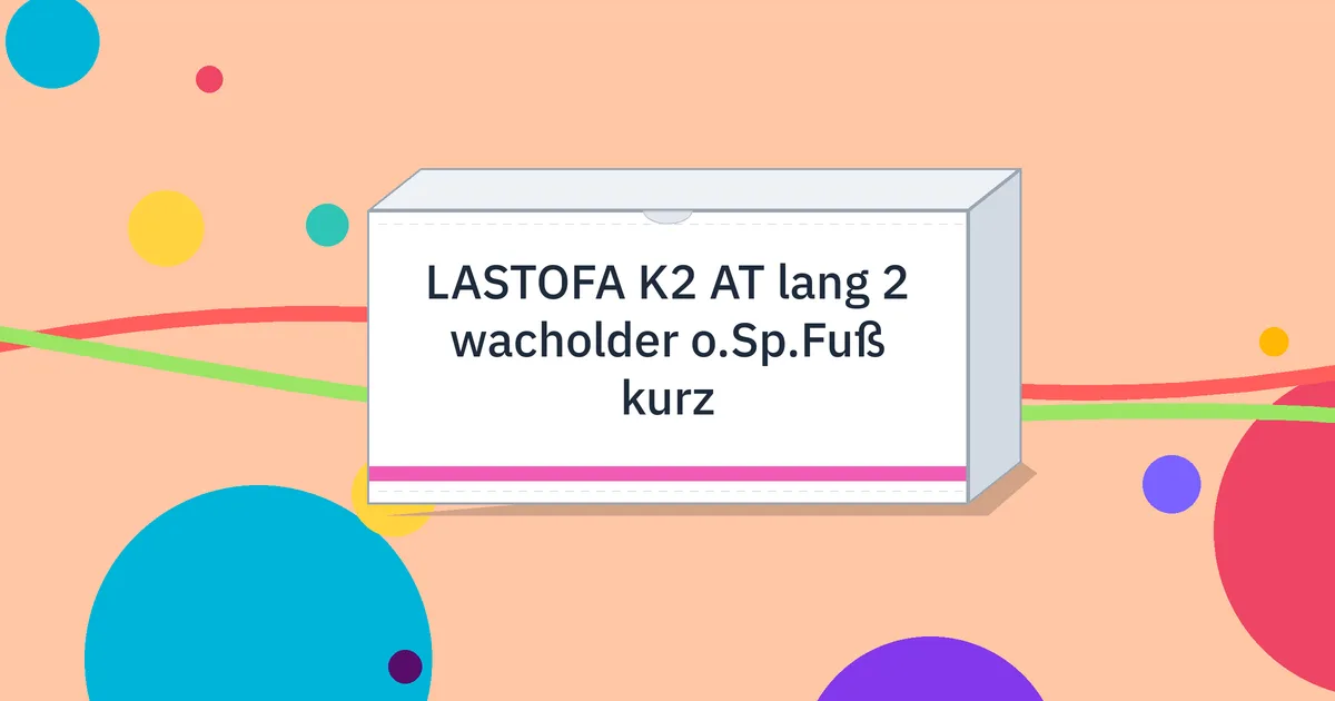 Symbolbild: Packung mit der Aufschrift LASTOFA K2 AT lang 2 wacholder o.Sp.Fuß kurz (PZN 13808672) – Verfügbarkeit und Bezug in Apotheken in Frankfurt am Main