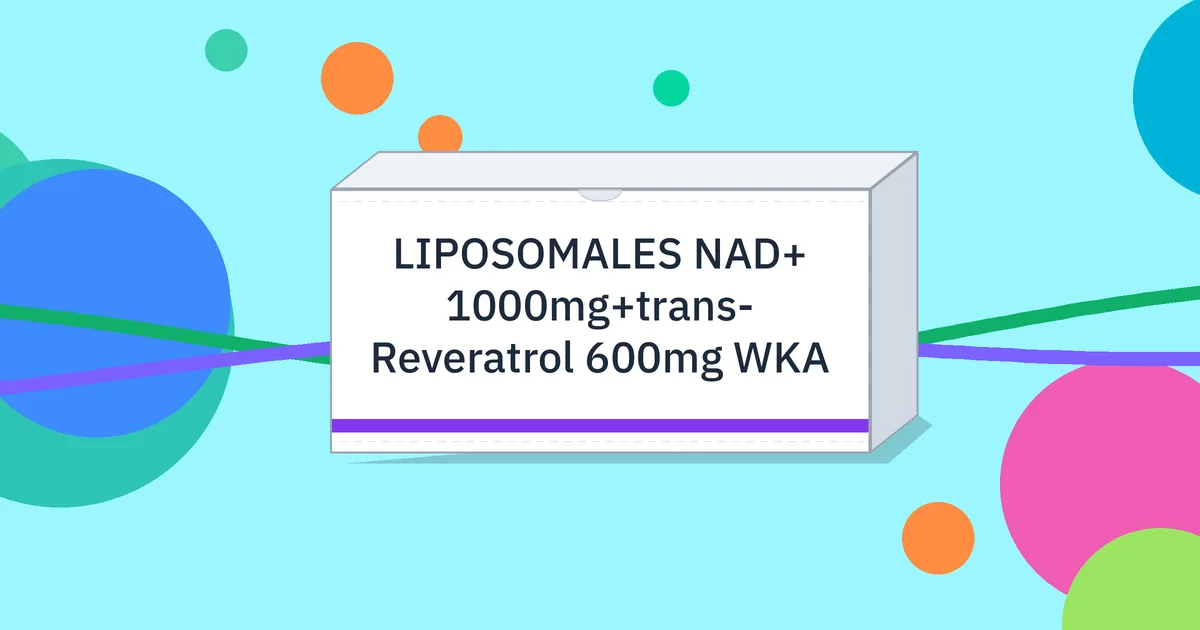 Symbolbild: Packung mit der Aufschrift LIPOSOMALES NAD+ 1000mg+trans-Reveratrol 600mg WKA (PZN 19683243) – Verfügbarkeit und Bezug in Apotheken in Frankfurt am Main