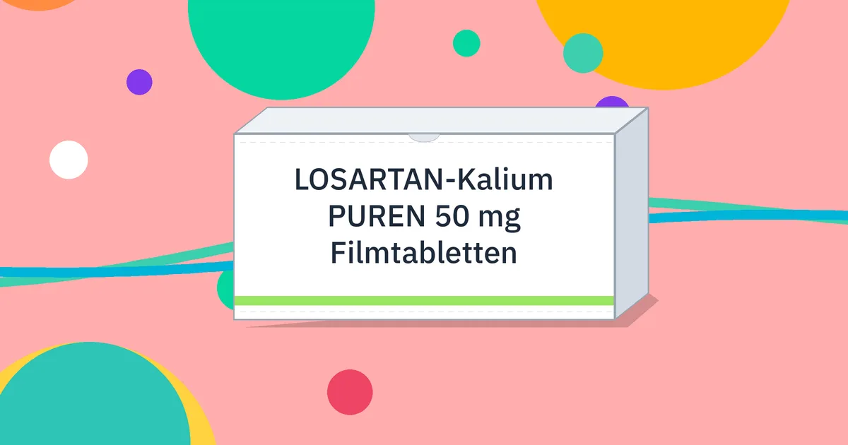 Symbolbild: Packung mit der Aufschrift LOSARTAN-Kalium PUREN 50 mg Filmtabletten (PZN 13572057) – Verfügbarkeit und Bezug in Apotheken in Frankfurt am Main