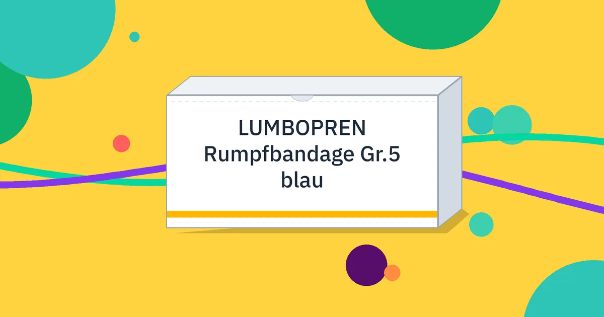 Symbolbild: Packung mit der Aufschrift LUMBOPREN Rumpfbandage Gr.5 blau (PZN 05045154) – Verfügbarkeit und Bezug in Apotheken in Frankfurt am Main