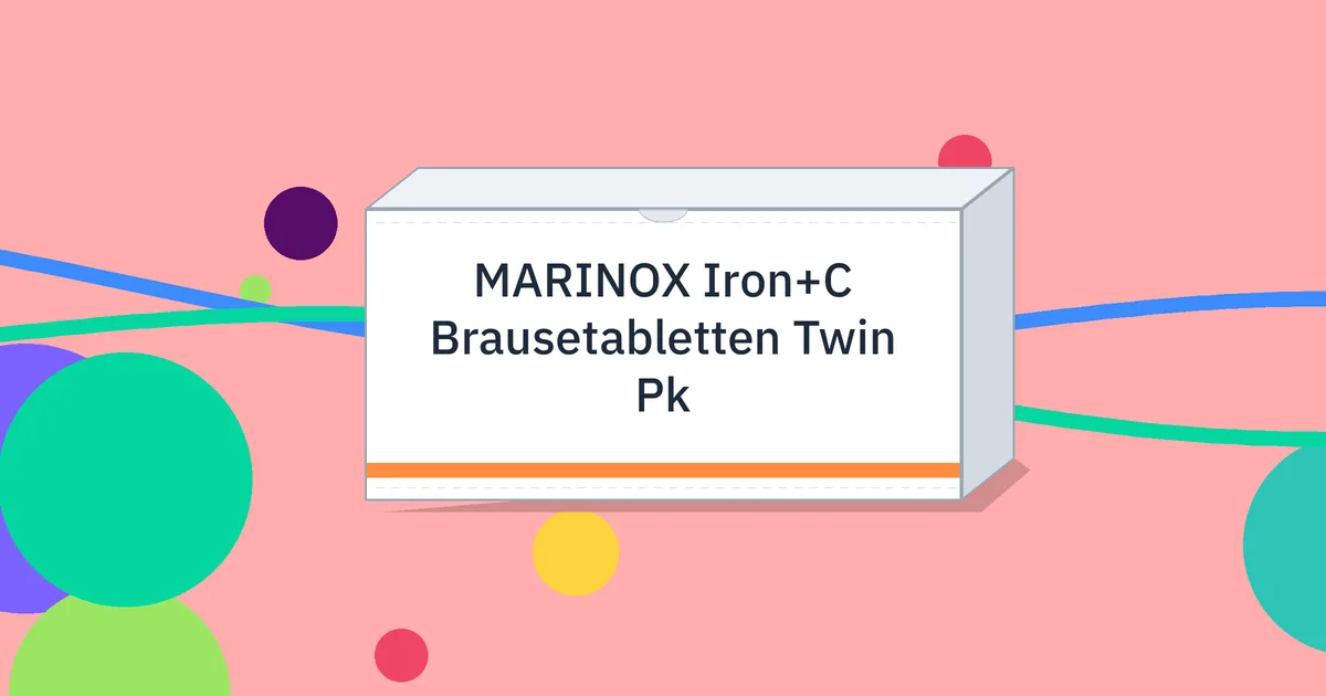 Symbolbild: Packung mit der Aufschrift MARINOX Iron+C Brausetabletten Twin Pk (PZN 16886402) – Verfügbarkeit und Bezug in Apotheken in Frankfurt am Main