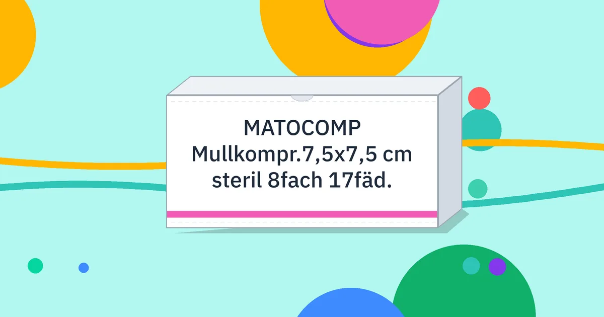 Symbolbild: Packung mit der Aufschrift MATOCOMP Mullkompr.7,5x7,5 cm steril 8fach 17fäd. (PZN 03752798) – Verfügbarkeit und Bezug in Apotheken in Frankfurt am Main