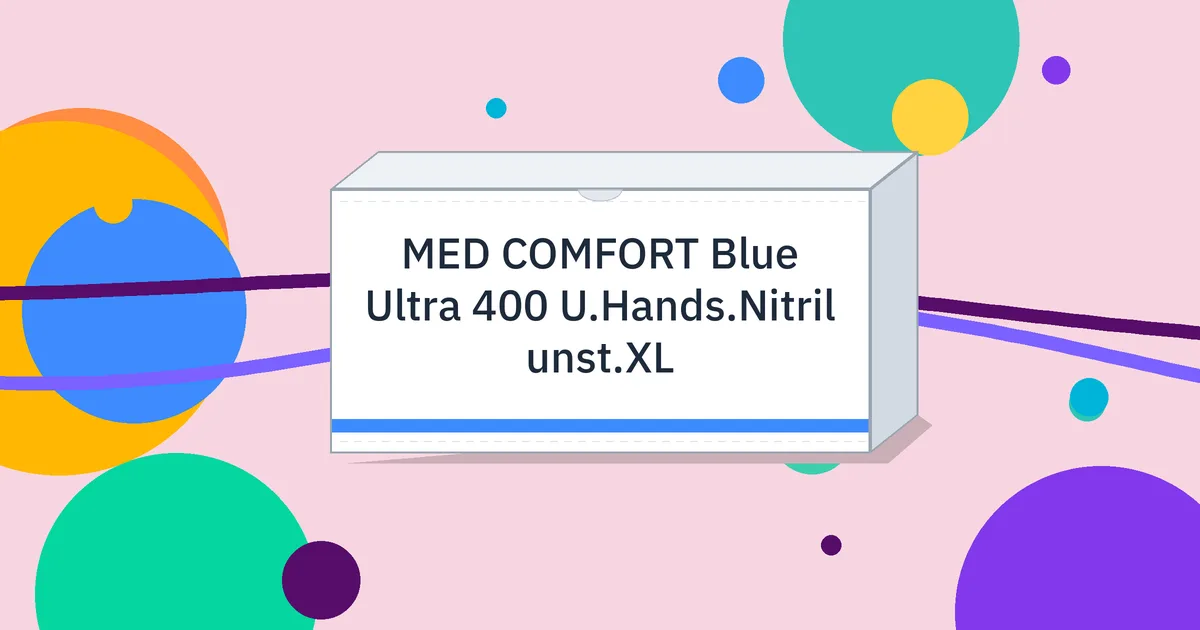 Symbolbild: Packung mit der Aufschrift MED COMFORT Blue Ultra 400 U.Hands.Nitril unst.XL (PZN 15318417) – Verfügbarkeit und Bezug in Apotheken in Frankfurt am Main