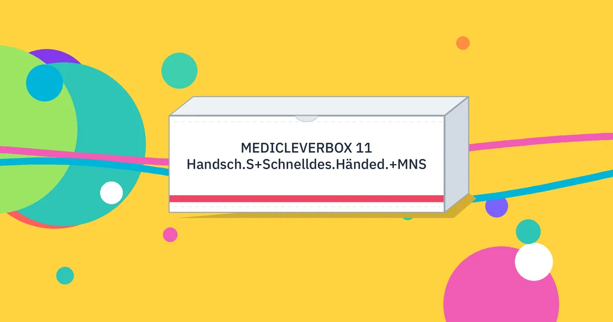 Symbolbild: Packung mit der Aufschrift MEDICLEVERBOX 11 Handsch.S+Schnelldes.Händed.+MNS (PZN 19053476) – Verfügbarkeit und Bezug in Apotheken in Frankfurt am Main