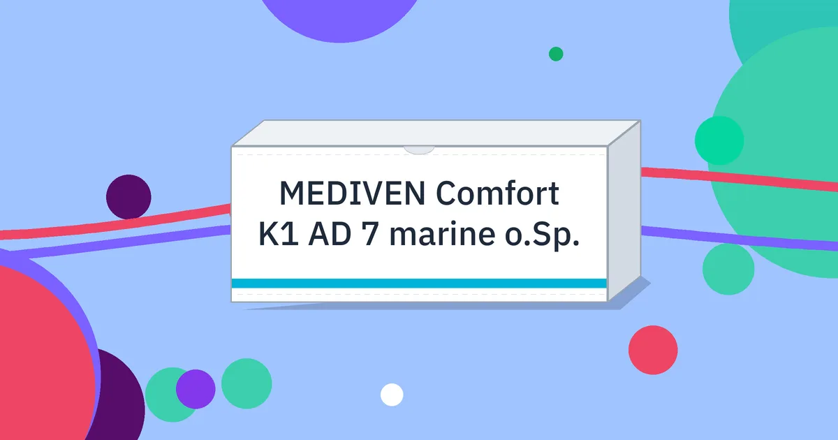 Symbolbild: Packung mit der Aufschrift MEDIVEN Comfort K1 AD 7 marine o.Sp. (PZN 14559656) – Verfügbarkeit und Bezug in Apotheken in Frankfurt am Main