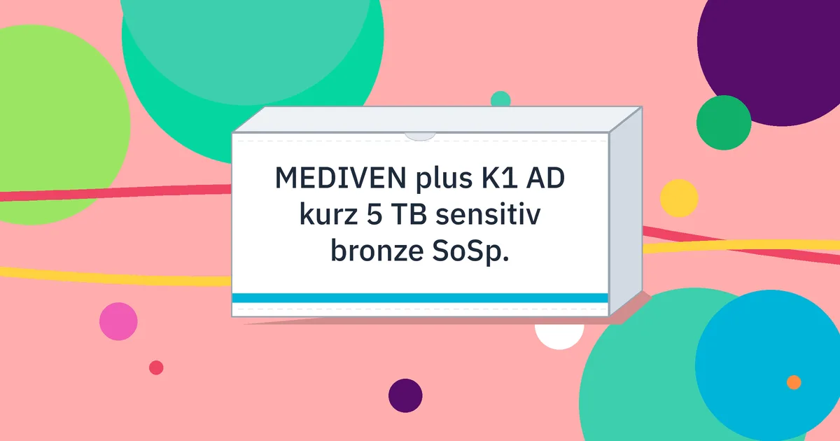Symbolbild: Packung mit der Aufschrift MEDIVEN plus K1 AD kurz 5 TB sensitiv bronze SoSp. (PZN 15054042) – Verfügbarkeit und Bezug in Apotheken in Frankfurt am Main