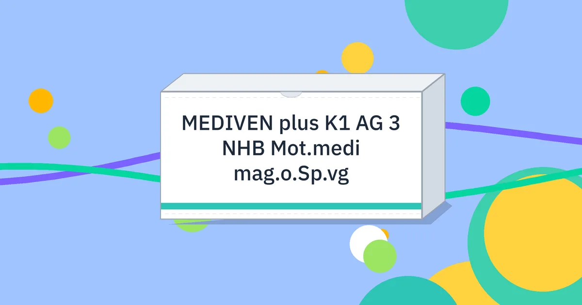 Symbolbild: Packung mit der Aufschrift MEDIVEN plus K1 AG 3 NHB Mot.medi mag.o.Sp.vg (PZN 15915679) – Verfügbarkeit und Bezug in Apotheken in Frankfurt am Main