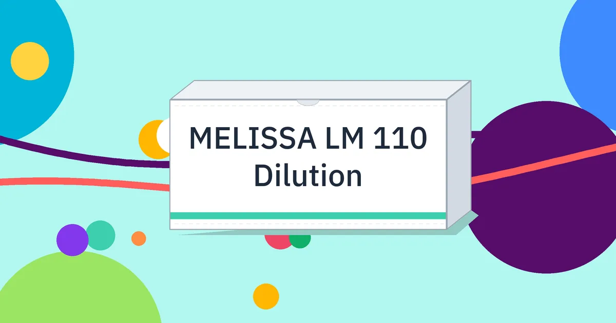Symbolbild: Packung mit der Aufschrift MELISSA LM 110 Dilution (PZN 12947650) – Verfügbarkeit und Bezug in Apotheken in Frankfurt am Main