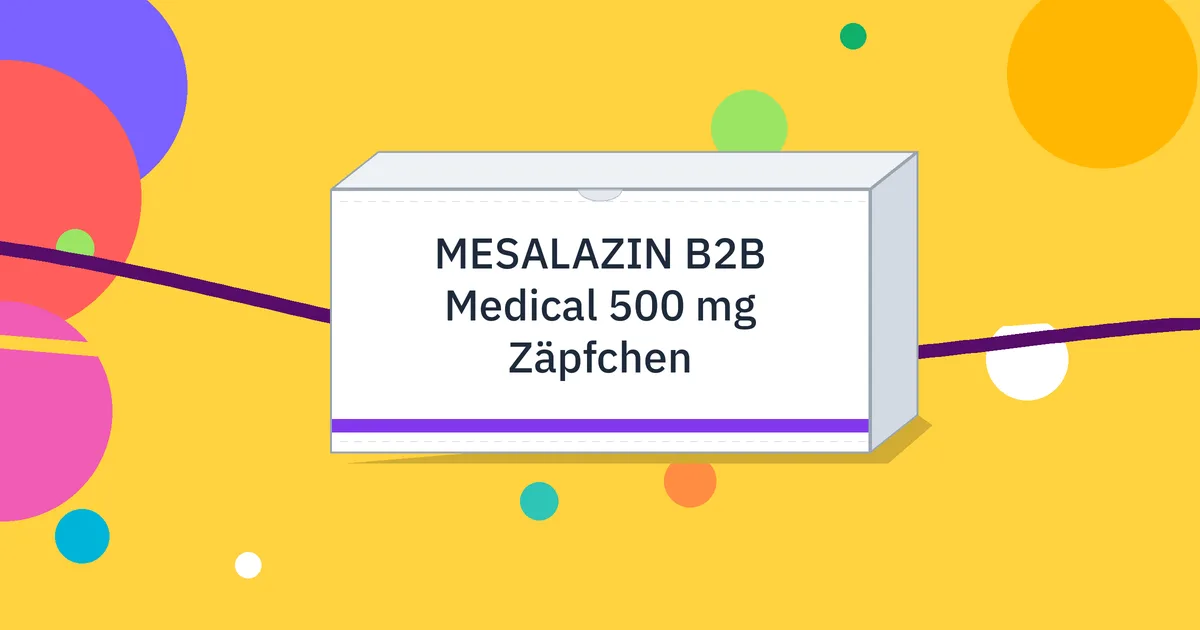 Symbolbild: Packung mit der Aufschrift MESALAZIN B2B Medical 500 mg Zäpfchen (PZN 20411082) – Verfügbarkeit und Bezug in Apotheken in Frankfurt am Main