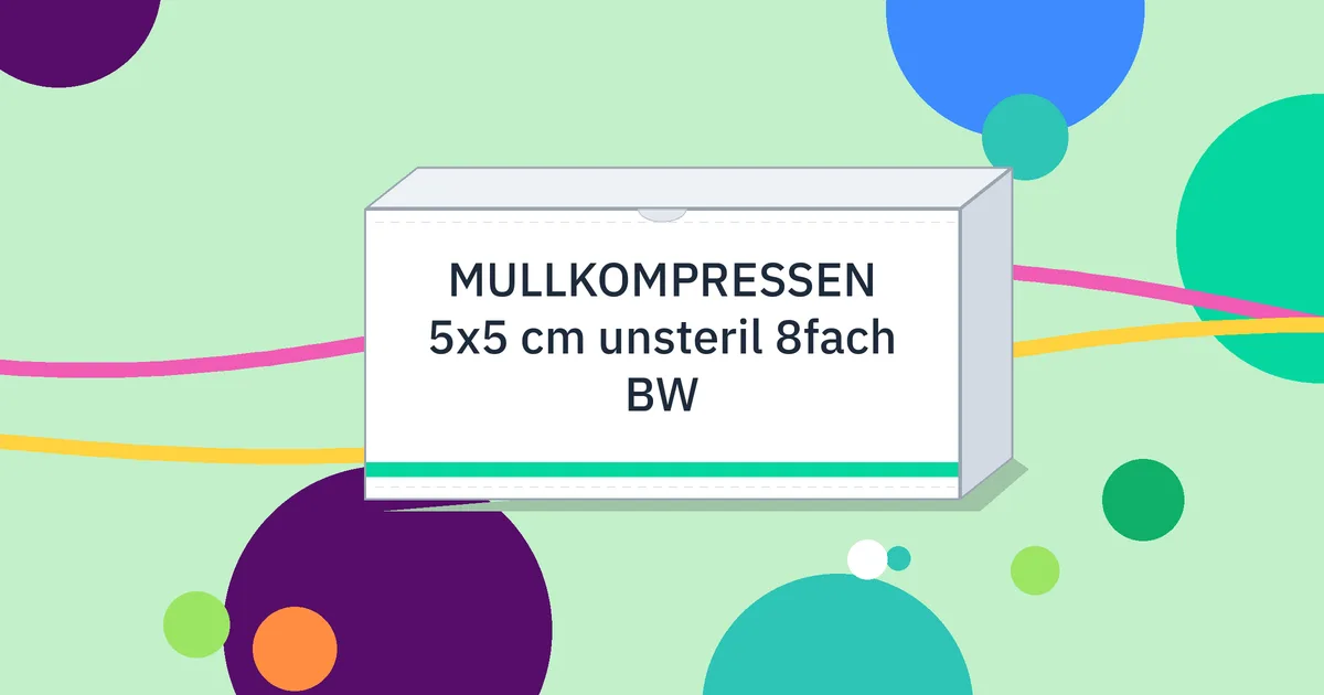 Symbolbild: Packung mit der Aufschrift MULLKOMPRESSEN 5x5 cm unsteril 8fach BW (PZN 07412757) – Verfügbarkeit und Bezug in Apotheken in Frankfurt am Main