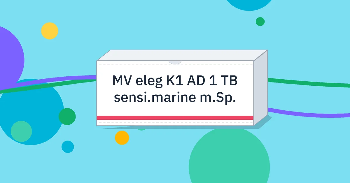Symbolbild: Packung mit der Aufschrift MV eleg K1 AD 1 TB sensi.marine m.Sp. (PZN 14582046) – Verfügbarkeit und Bezug in Apotheken in Frankfurt am Main