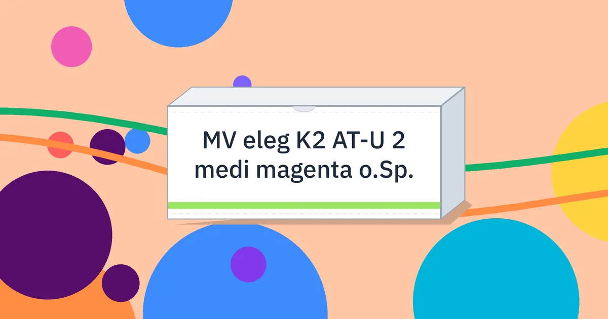 Symbolbild: Packung mit der Aufschrift MV eleg K2 AT-U 2 medi magenta o.Sp. (PZN 15290529) – Verfügbarkeit und Bezug in Apotheken in Frankfurt am Main