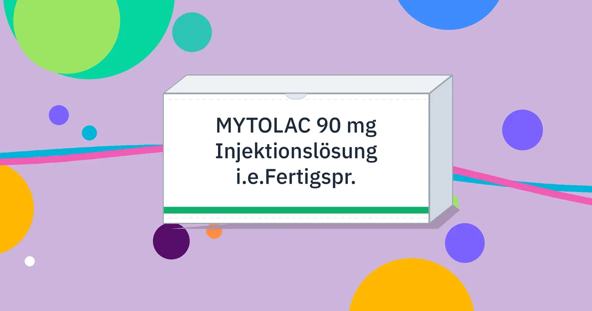 Symbolbild: Packung mit der Aufschrift MYTOLAC 90 mg Injektionslösung i.e.Fertigspr. (PZN 17209075) – Verfügbarkeit und Bezug in Apotheken in Frankfurt am Main