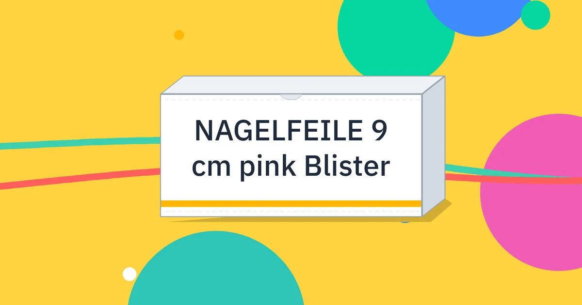 Symbolbild: Packung mit der Aufschrift NAGELFEILE 9 cm pink Blister (PZN 01584546) – Verfügbarkeit und Bezug in Apotheken in Frankfurt am Main
