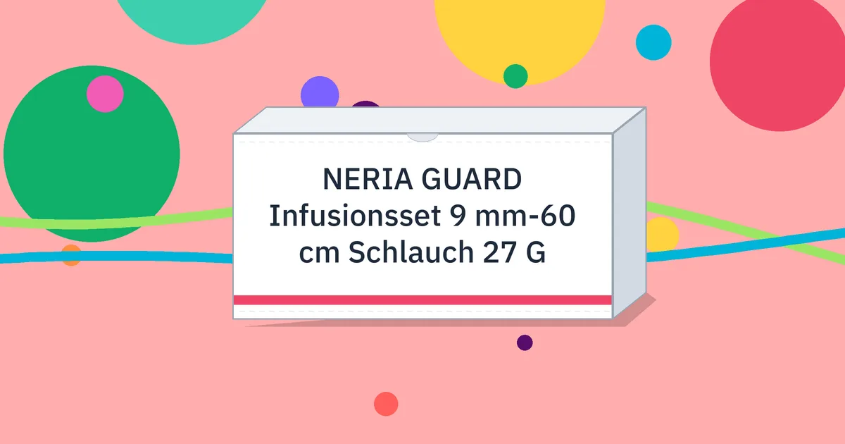 Symbolbild: Packung mit der Aufschrift NERIA GUARD Infusionsset 9 mm-60 cm Schlauch 27 G (PZN 19365069) – Verfügbarkeit und Bezug in Apotheken in Frankfurt am Main