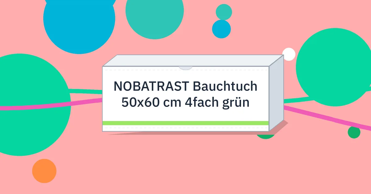 Symbolbild: Packung mit der Aufschrift NOBATRAST Bauchtuch 50x60 cm 4fach grün (PZN 08405392) – Verfügbarkeit und Bezug in Apotheken in Frankfurt am Main