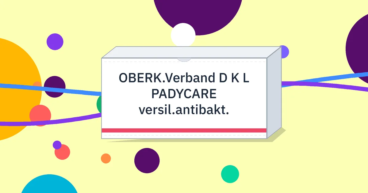 Symbolbild: Packung mit der Aufschrift OBERK.Verband D K L PADYCARE versil.antibakt. (PZN 10938776) – Verfügbarkeit und Bezug in Apotheken in Frankfurt am Main