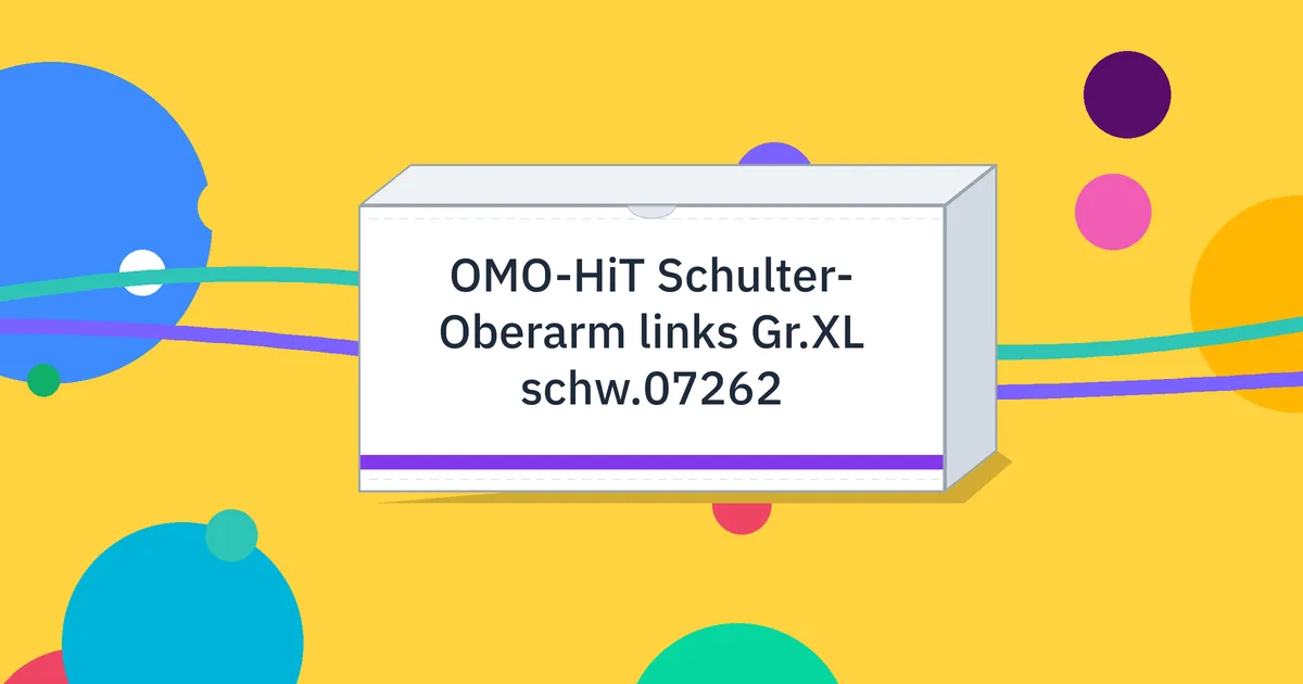 Symbolbild: Packung mit der Aufschrift OMO-HiT Schulter-Oberarm links Gr.XL schw.07262 (PZN 03640585) – Verfügbarkeit und Bezug in Apotheken in Frankfurt am Main