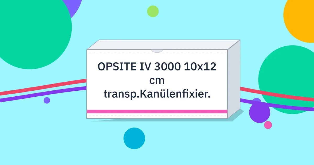 Symbolbild: Packung mit der Aufschrift OPSITE IV 3000 10x12 cm transp.Kanülenfixier. (PZN 18323608) – Verfügbarkeit und Bezug in Apotheken in Frankfurt am Main