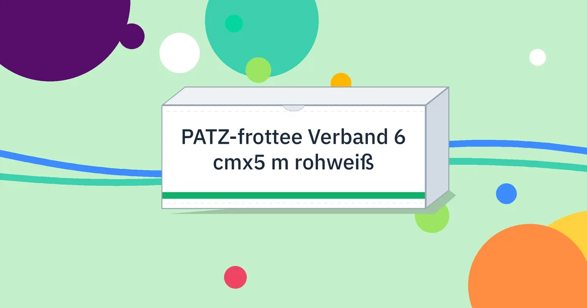 Symbolbild: Packung mit der Aufschrift PATZ-frottee Verband 6 cmx5 m rohweiß (PZN 06815364) – Verfügbarkeit und Bezug in Apotheken in Frankfurt am Main