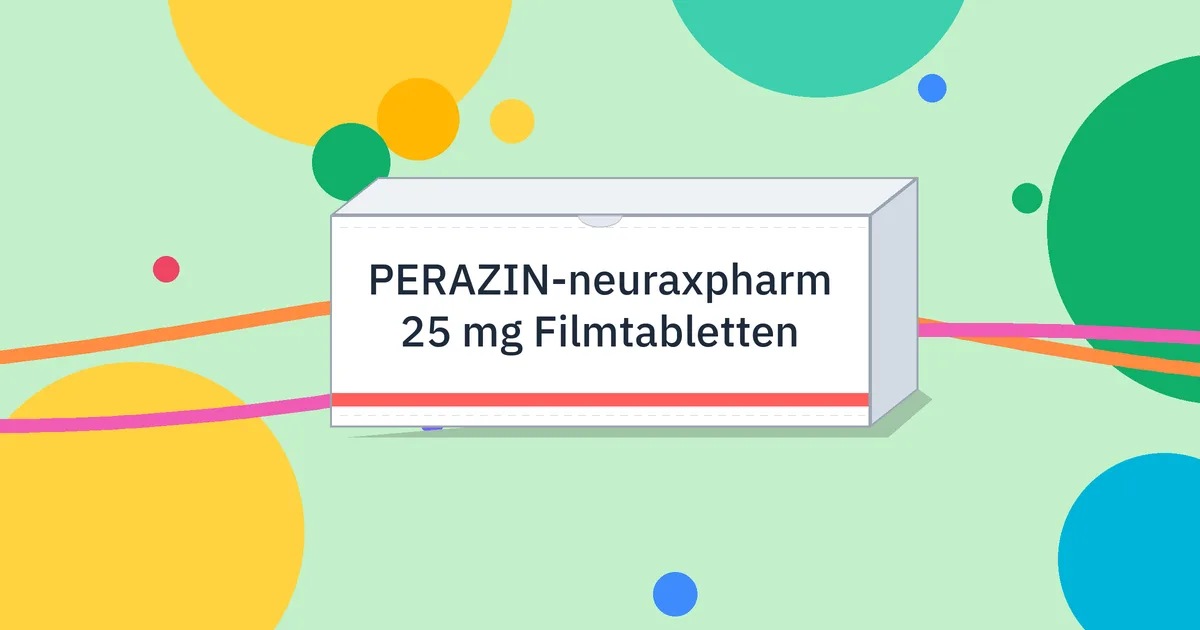 Symbolbild: Packung mit der Aufschrift PERAZIN-neuraxpharm 25 mg Filmtabletten (PZN 06867378) – Verfügbarkeit und Bezug in Apotheken in Frankfurt am Main