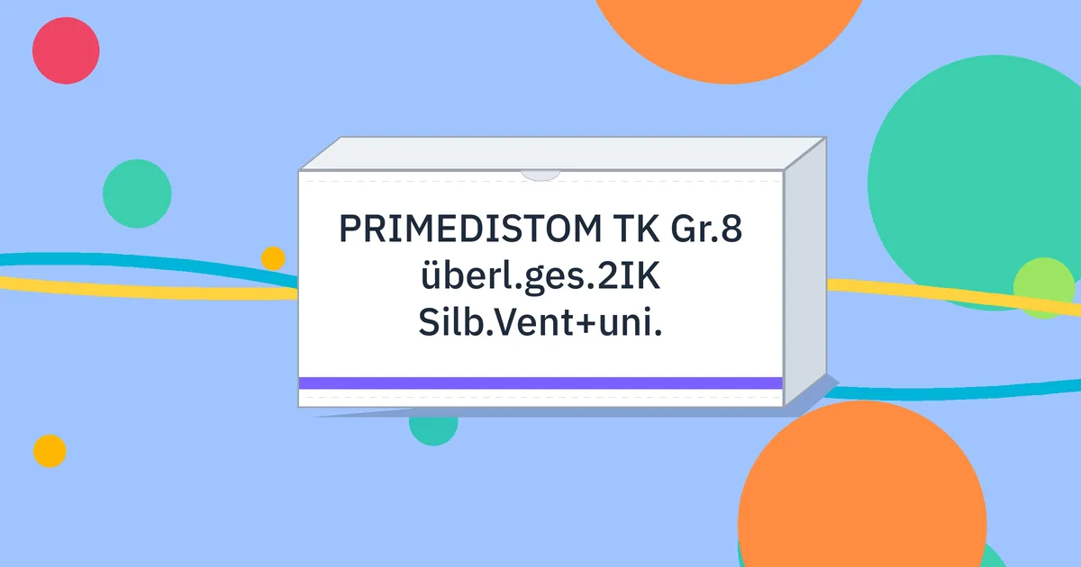 Symbolbild: Packung mit der Aufschrift PRIMEDISTOM TK Gr.8 überl.ges.2IK Silb.Vent+uni. (PZN 10209497) – Verfügbarkeit und Bezug in Apotheken in Frankfurt am Main