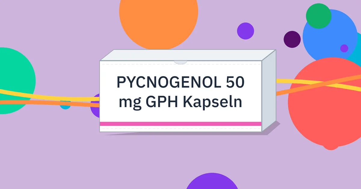 Symbolbild: Packung mit der Aufschrift PYCNOGENOL 50 mg GPH Kapseln (PZN 09188011) – Verfügbarkeit und Bezug in Apotheken in Frankfurt am Main