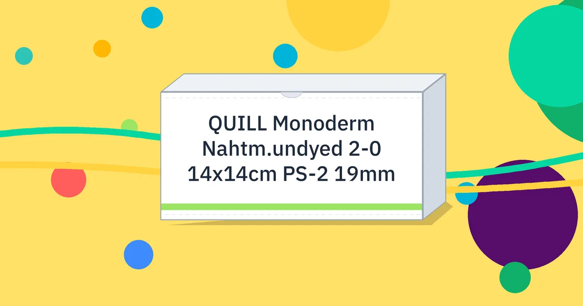 Symbolbild: Packung mit der Aufschrift QUILL Monoderm Nahtm.undyed 2-0 14x14cm PS-2 19mm (PZN 17988613) – Verfügbarkeit und Bezug in Apotheken in Frankfurt am Main