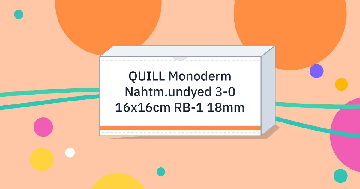 Symbolbild: Packung mit der Aufschrift QUILL Monoderm Nahtm.undyed 3-0 16x16cm RB-1 18mm (PZN 17988464) – Verfügbarkeit und Bezug in Apotheken in Frankfurt am Main