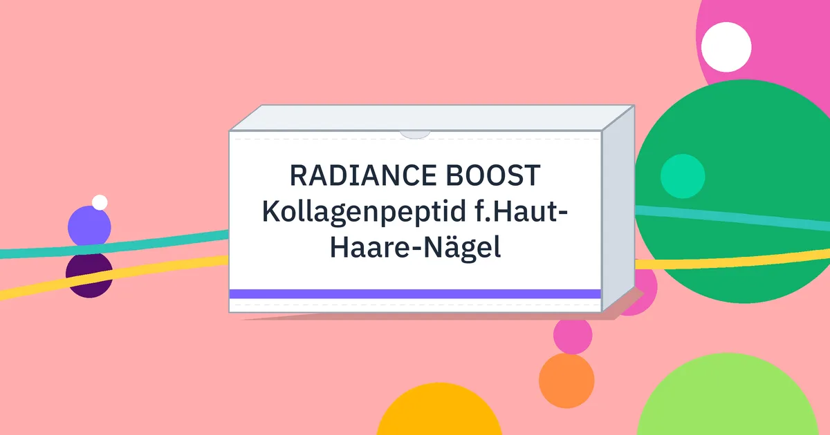 Symbolbild: Packung mit der Aufschrift RADIANCE BOOST Kollagenpeptid f.Haut-Haare-Nägel (PZN 16008771) – Verfügbarkeit und Bezug in Apotheken in Frankfurt am Main