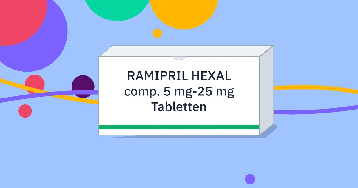 Symbolbild: Packung mit der Aufschrift RAMIPRIL HEXAL comp. 5 mg-25 mg Tabletten (PZN 00762655) – Verfügbarkeit und Bezug in Apotheken in Frankfurt am Main