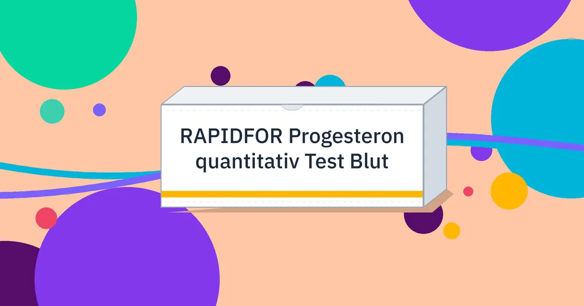 Symbolbild: Packung mit der Aufschrift RAPIDFOR Progesteron quantitativ Test Blut (PZN 19538274) – Verfügbarkeit und Bezug in Apotheken in Frankfurt am Main