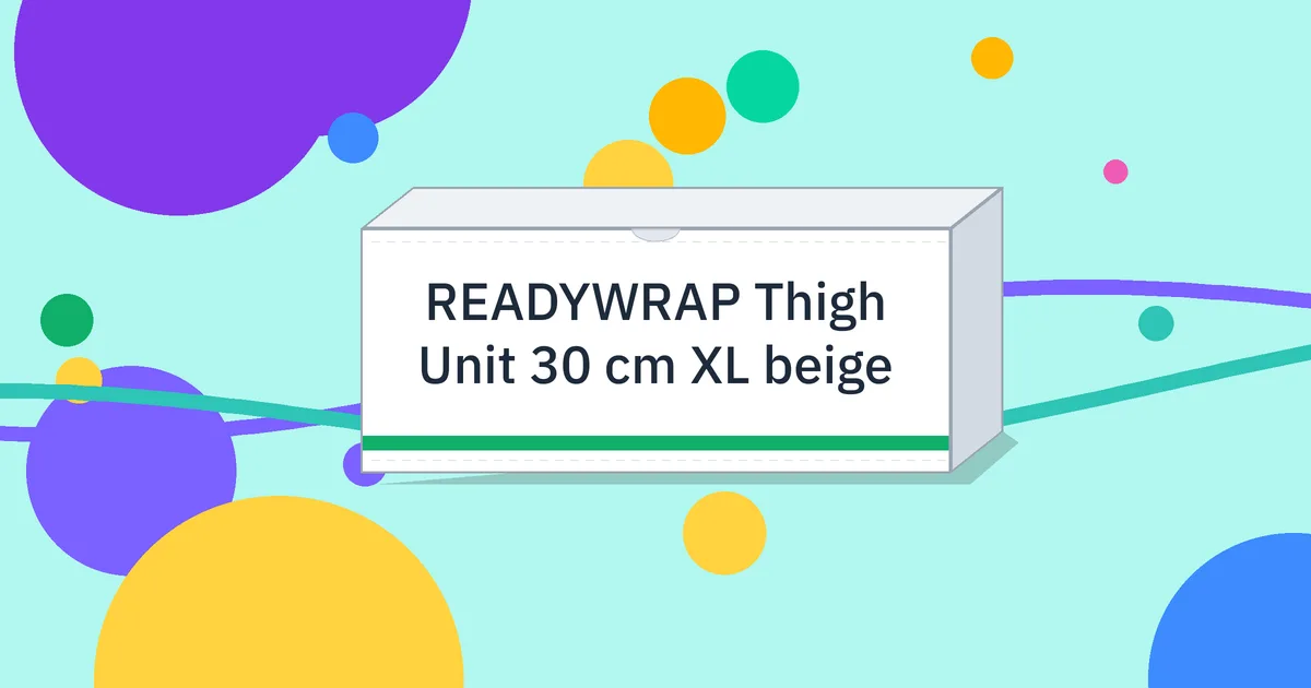 Symbolbild: Packung mit der Aufschrift READYWRAP Thigh Unit 30 cm XL beige (PZN 16566979) – Verfügbarkeit und Bezug in Apotheken in Frankfurt am Main