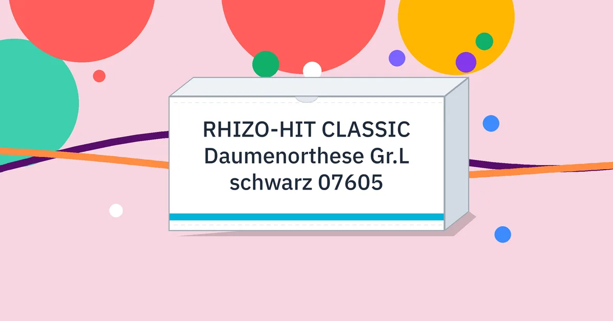 Symbolbild: Packung mit der Aufschrift RHIZO-HIT CLASSIC Daumenorthese Gr.L schwarz 07605 (PZN 02461857) – Verfügbarkeit und Bezug in Apotheken in Frankfurt am Main