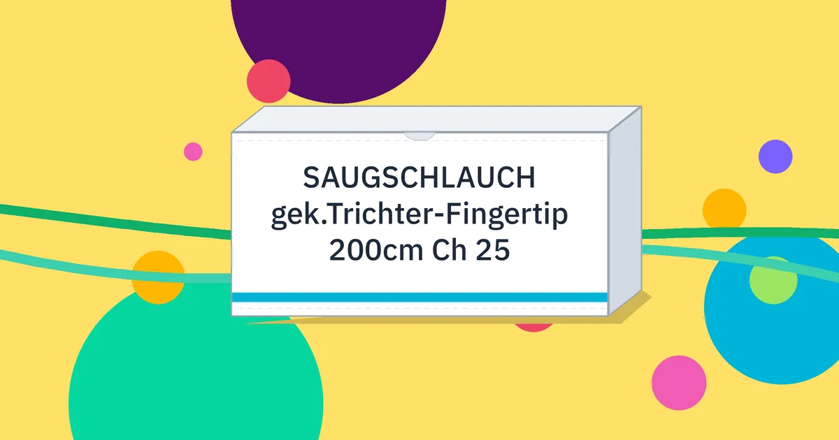 Symbolbild: Packung mit der Aufschrift SAUGSCHLAUCH gek.Trichter-Fingertip 200cm Ch 25 (PZN 05376276) – Verfügbarkeit und Bezug in Apotheken in Frankfurt am Main