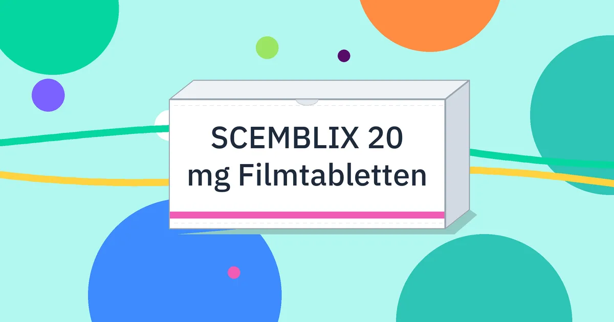 Symbolbild: Packung mit der Aufschrift SCEMBLIX 20 mg Filmtabletten (PZN 17582710) – Verfügbarkeit und Bezug in Apotheken in Frankfurt am Main