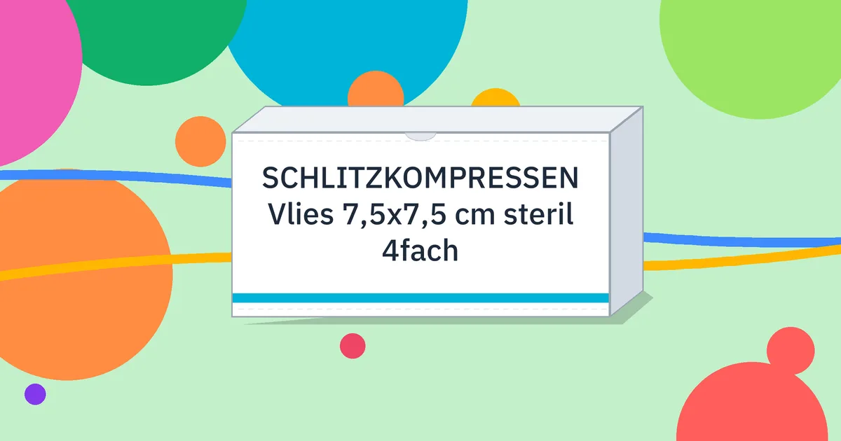 Symbolbild: Packung mit der Aufschrift SCHLITZKOMPRESSEN Vlies 7,5x7,5 cm steril 4fach (PZN 01364678) – Verfügbarkeit und Bezug in Apotheken in Frankfurt am Main