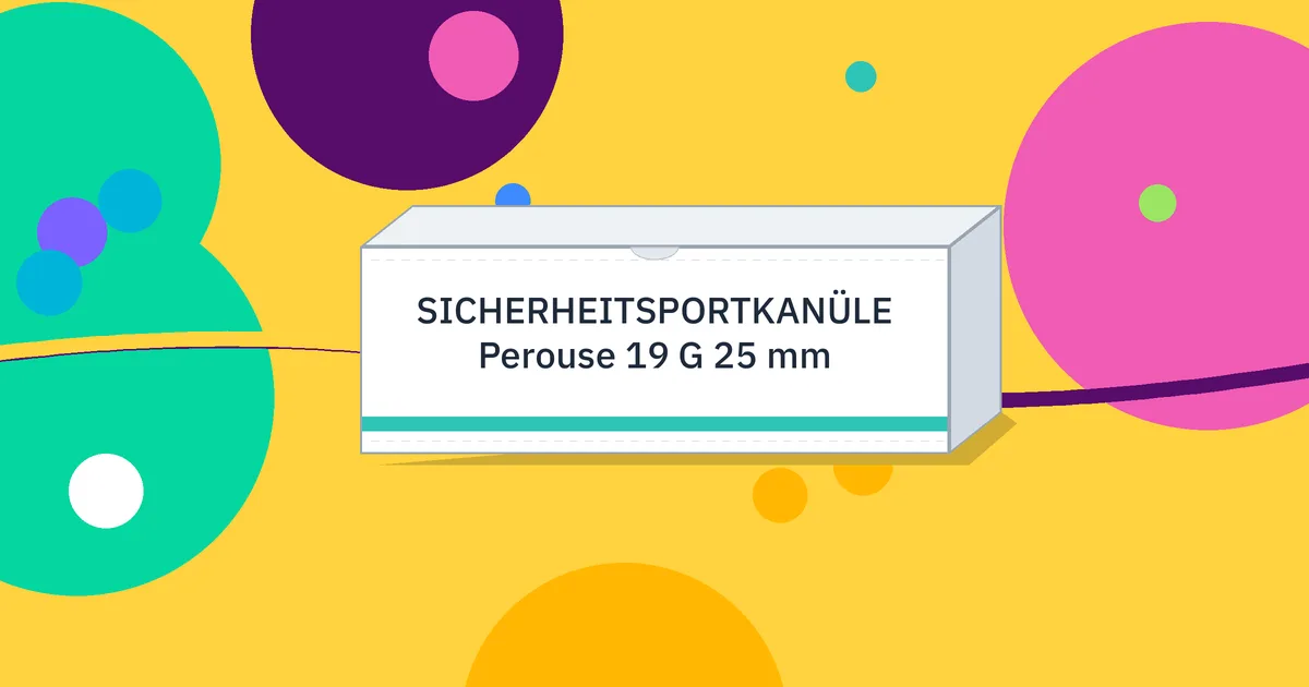 Symbolbild: Packung mit der Aufschrift SICHERHEITSPORTKANÜLE Perouse 19 G 25 mm (PZN 08782551) – Verfügbarkeit und Bezug in Apotheken in Frankfurt am Main