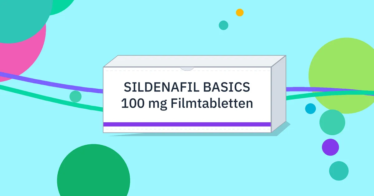 Symbolbild: Packung mit der Aufschrift SILDENAFIL BASICS 100 mg Filmtabletten (PZN 10795414) – Verfügbarkeit und Bezug in Apotheken in Frankfurt am Main