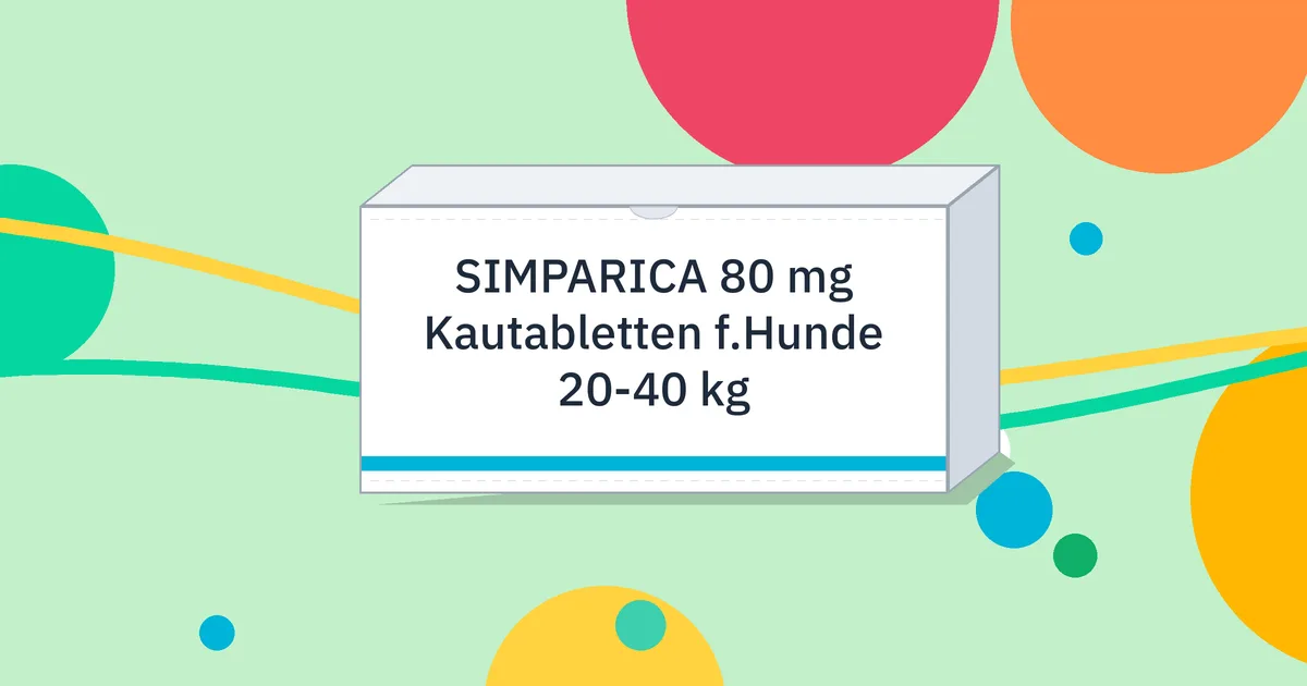 Symbolbild: Packung mit der Aufschrift SIMPARICA 80 mg Kautabletten f.Hunde 20-40 kg (PZN 12467826) – Verfügbarkeit und Bezug in Apotheken in Frankfurt am Main