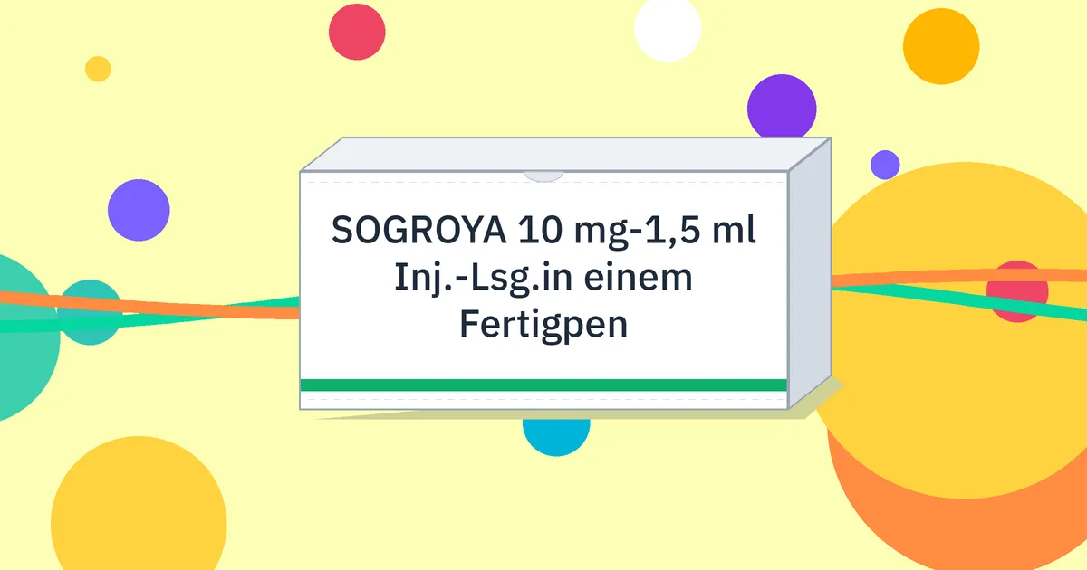 Symbolbild: Packung mit der Aufschrift SOGROYA 10 mg-1,5 ml Inj.-Lsg.in einem Fertigpen (PZN 20298935) – Verfügbarkeit und Bezug in Apotheken in Frankfurt am Main