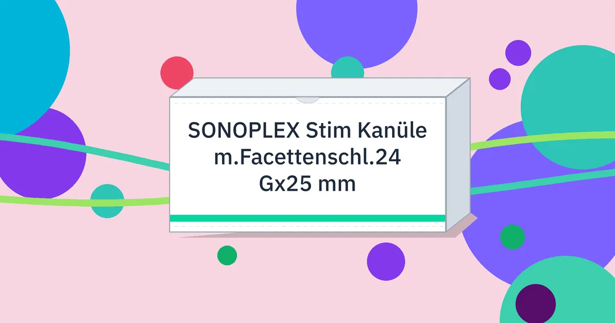 Symbolbild: Packung mit der Aufschrift SONOPLEX Stim Kanüle m.Facettenschl.24 Gx25 mm (PZN 03943239) – Verfügbarkeit und Bezug in Apotheken in Frankfurt am Main