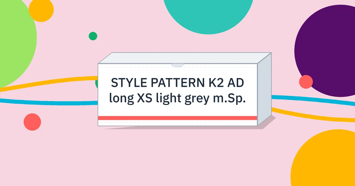 Symbolbild: Packung mit der Aufschrift STYLE PATTERN K2 AD long XS light grey m.Sp. (PZN 19694910) – Verfügbarkeit und Bezug in Apotheken in Frankfurt am Main