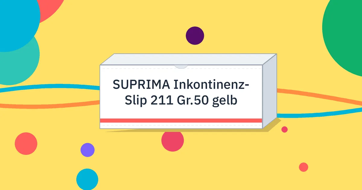 Symbolbild: Packung mit der Aufschrift SUPRIMA Inkontinenz-Slip 211 Gr.50 gelb (PZN 00708638) – Verfügbarkeit und Bezug in Apotheken in Frankfurt am Main