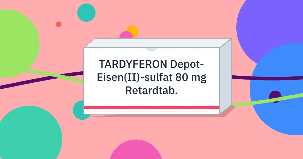 Symbolbild: Packung mit der Aufschrift TARDYFERON Depot-Eisen(II)-sulfat 80 mg Retardtab. (PZN 15746923) – Verfügbarkeit und Bezug in Apotheken in Frankfurt am Main