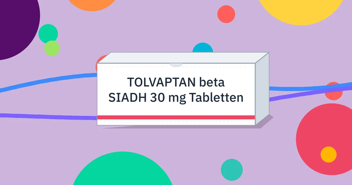 Symbolbild: Packung mit der Aufschrift TOLVAPTAN beta SIADH 30 mg Tabletten (PZN 20092286) – Verfügbarkeit und Bezug in Apotheken in Frankfurt am Main