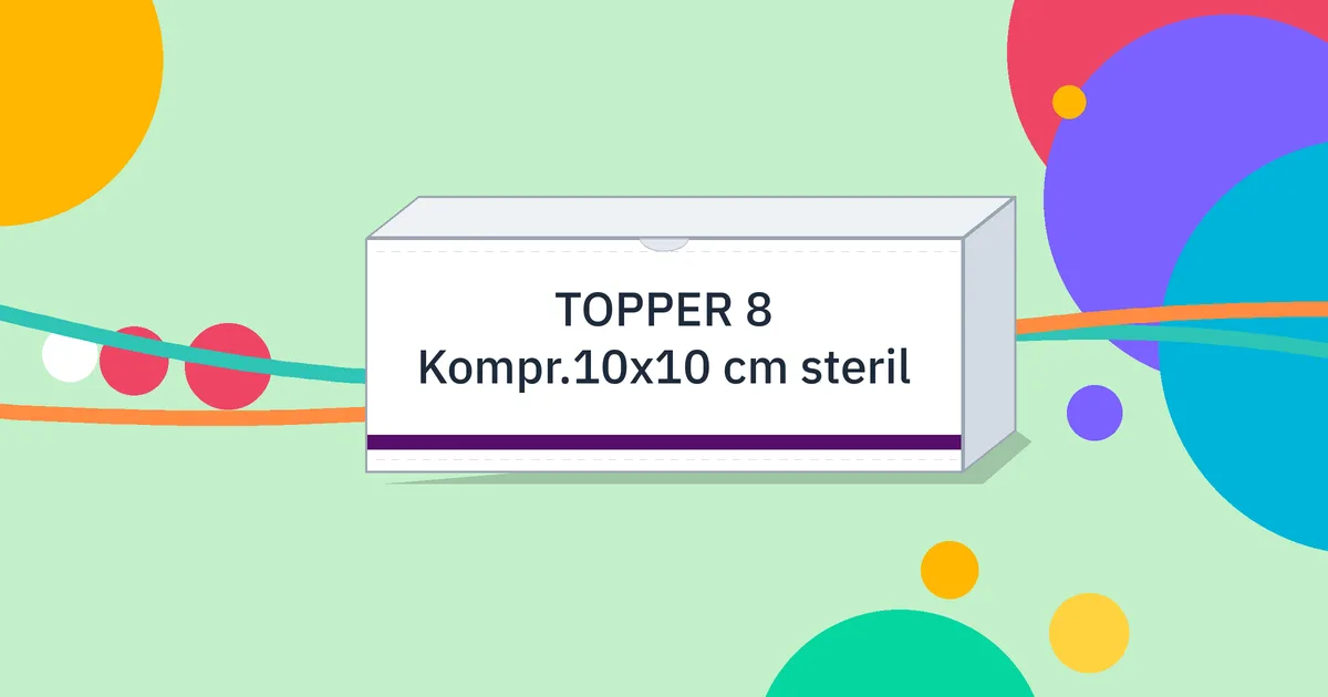 Symbolbild: Packung mit der Aufschrift TOPPER 8 Kompr.10x10 cm steril (PZN 18913646) – Verfügbarkeit und Bezug in Apotheken in Frankfurt am Main